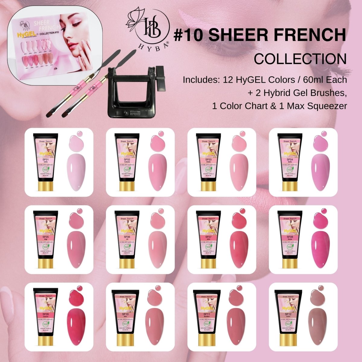 HyGEL® - #10 SHEER FRENCH Full Set - (12 x 60ml tubes, 2 Hybrid Gel Br ...